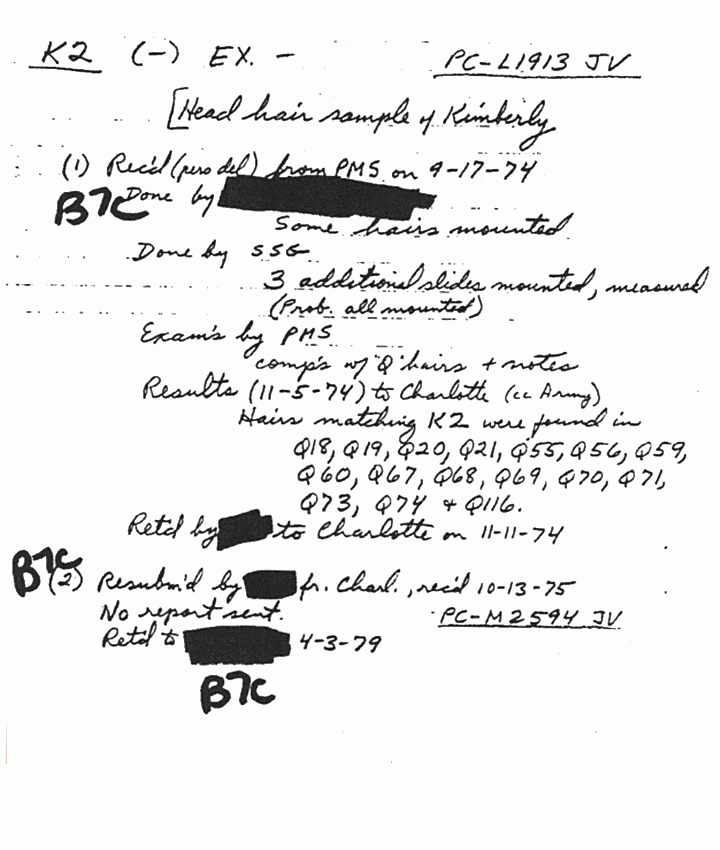 FBI Lab notes re: reexaminations of exhibits K1 - K43 and Q1 - Q129 ...