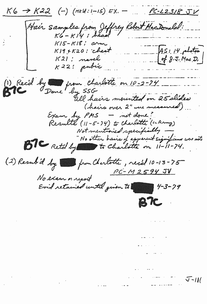 FBI Lab notes re: reexaminations of exhibits K1 - K43 and Q1 - Q129 ...