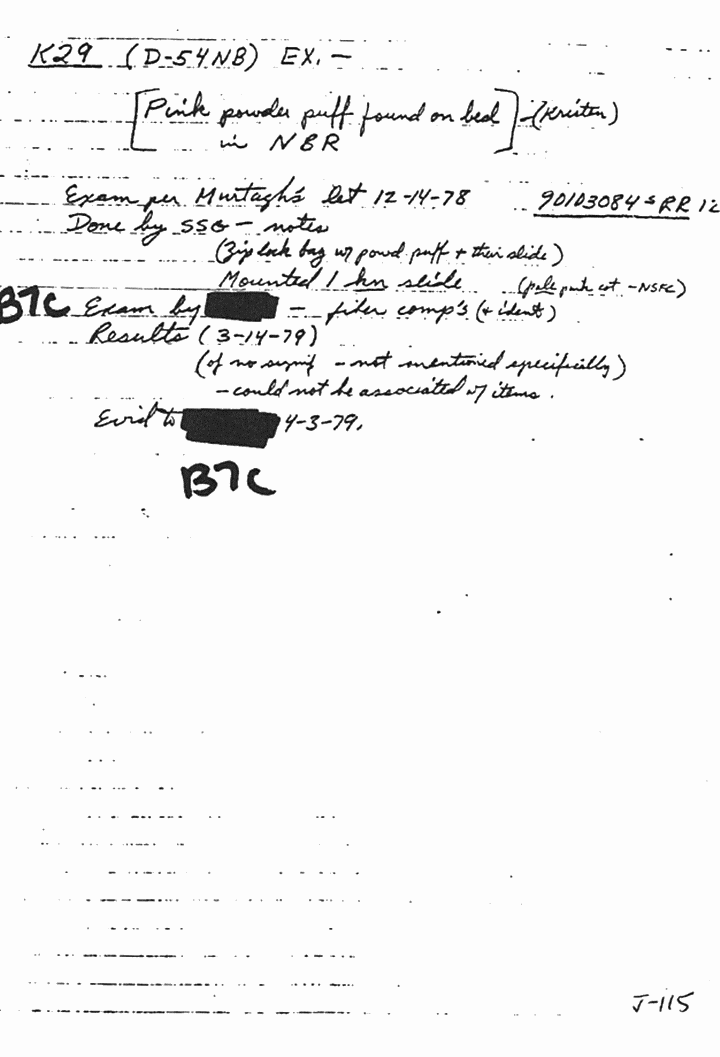 FBI Lab notes re: reexaminations of exhibits K1 - K43 and Q1 - Q129 ...