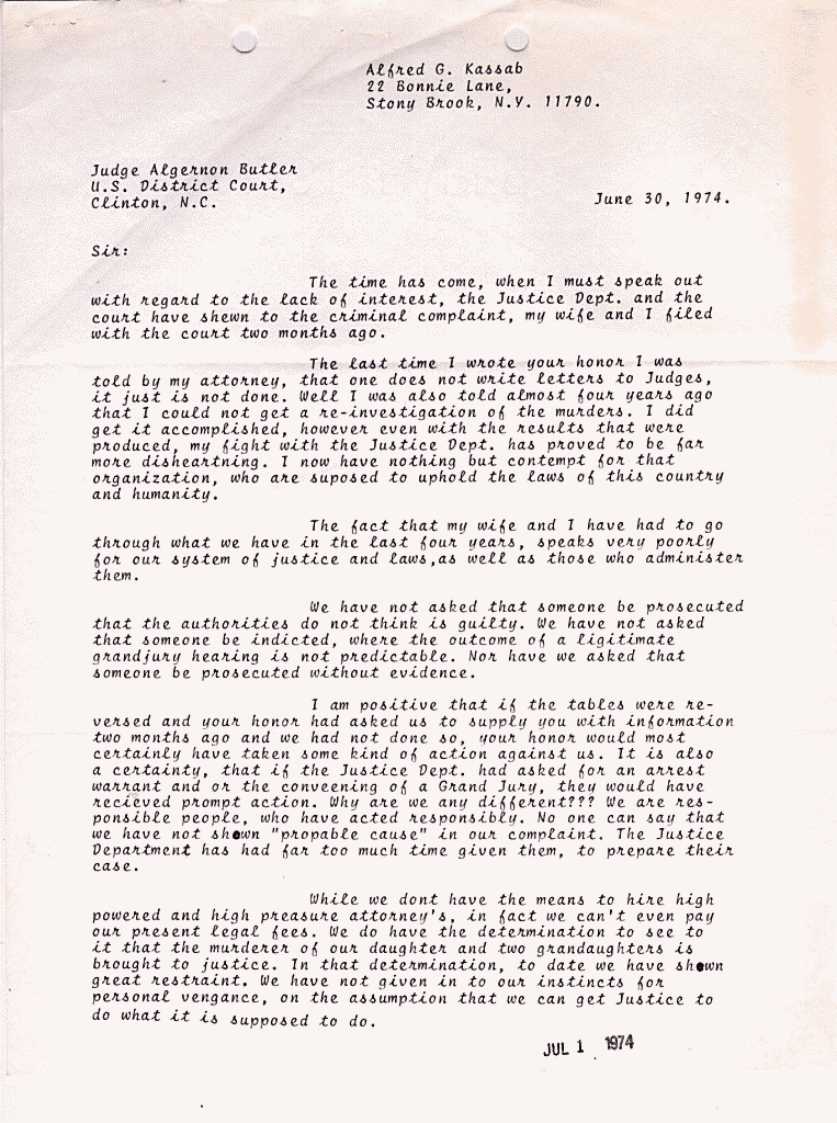 Alfred Kassab letter to Algernon Butler, U.S. District Court Judge ...